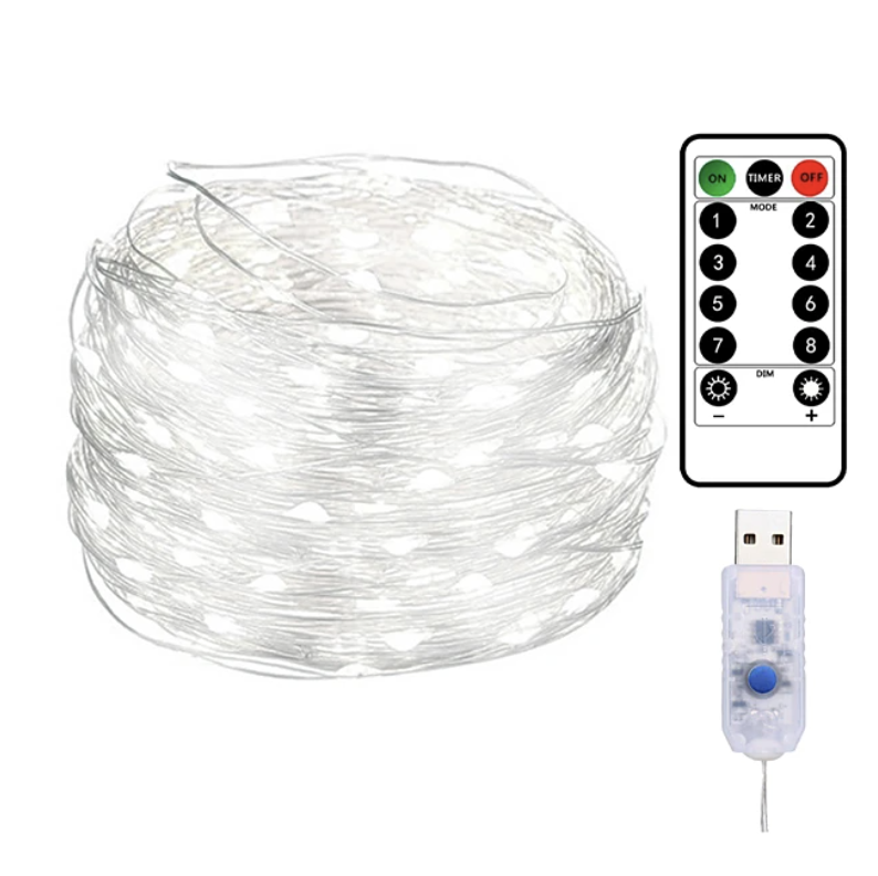 5m USB Silver Wire Seed Fairy Lights With Remote- Cool White